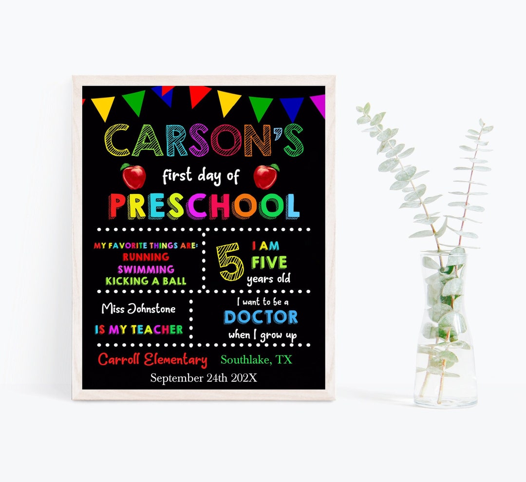 Editable Chalkboard First Day of Preschool Sign, Rainbow First Day Sign ...
