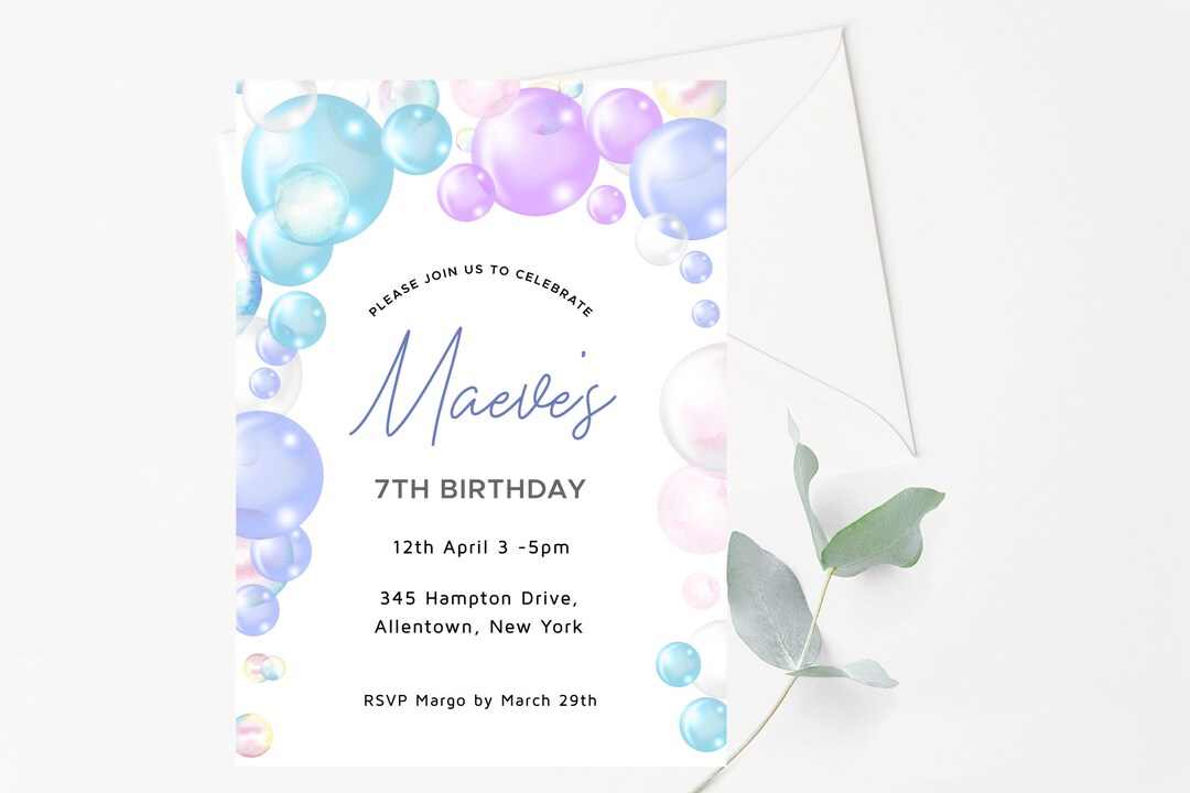 Pastel Rainbow Bubbles Birthday Invitation, Bubble Party Girl's ...