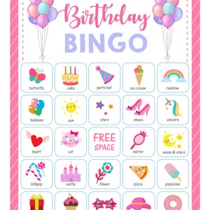 Printable Bingo Game Girls Birthday Bingo Pink Instant Print Bingo ...