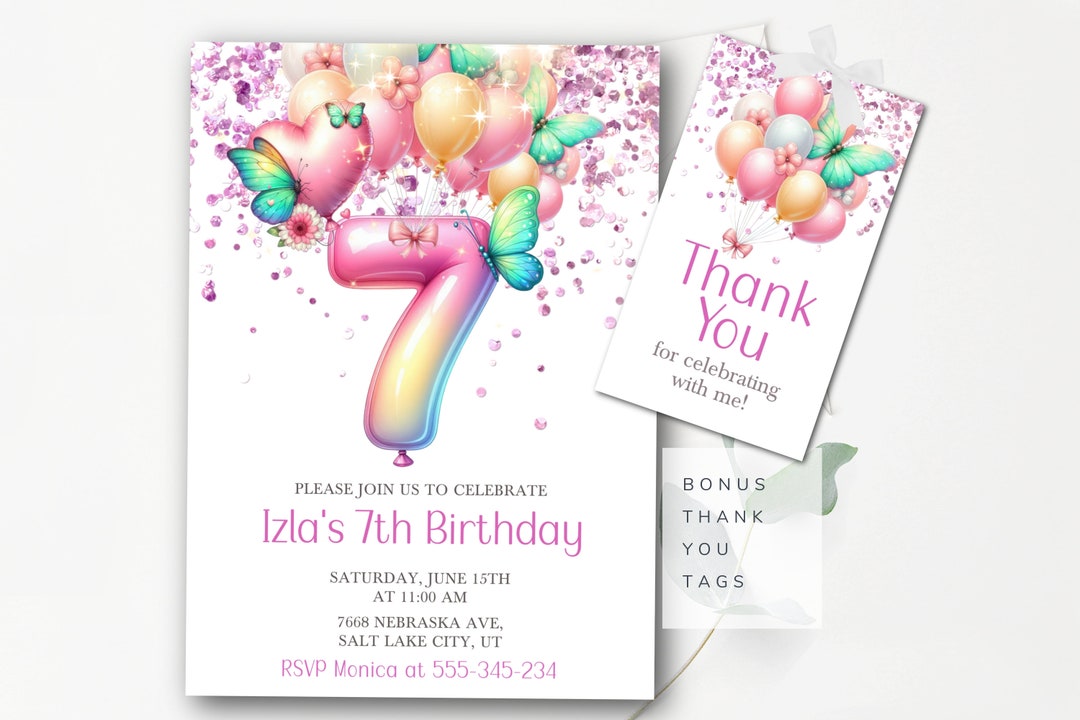 Editable 7th Birthday Invitation Pastel Seventh Birthday Invitation ...