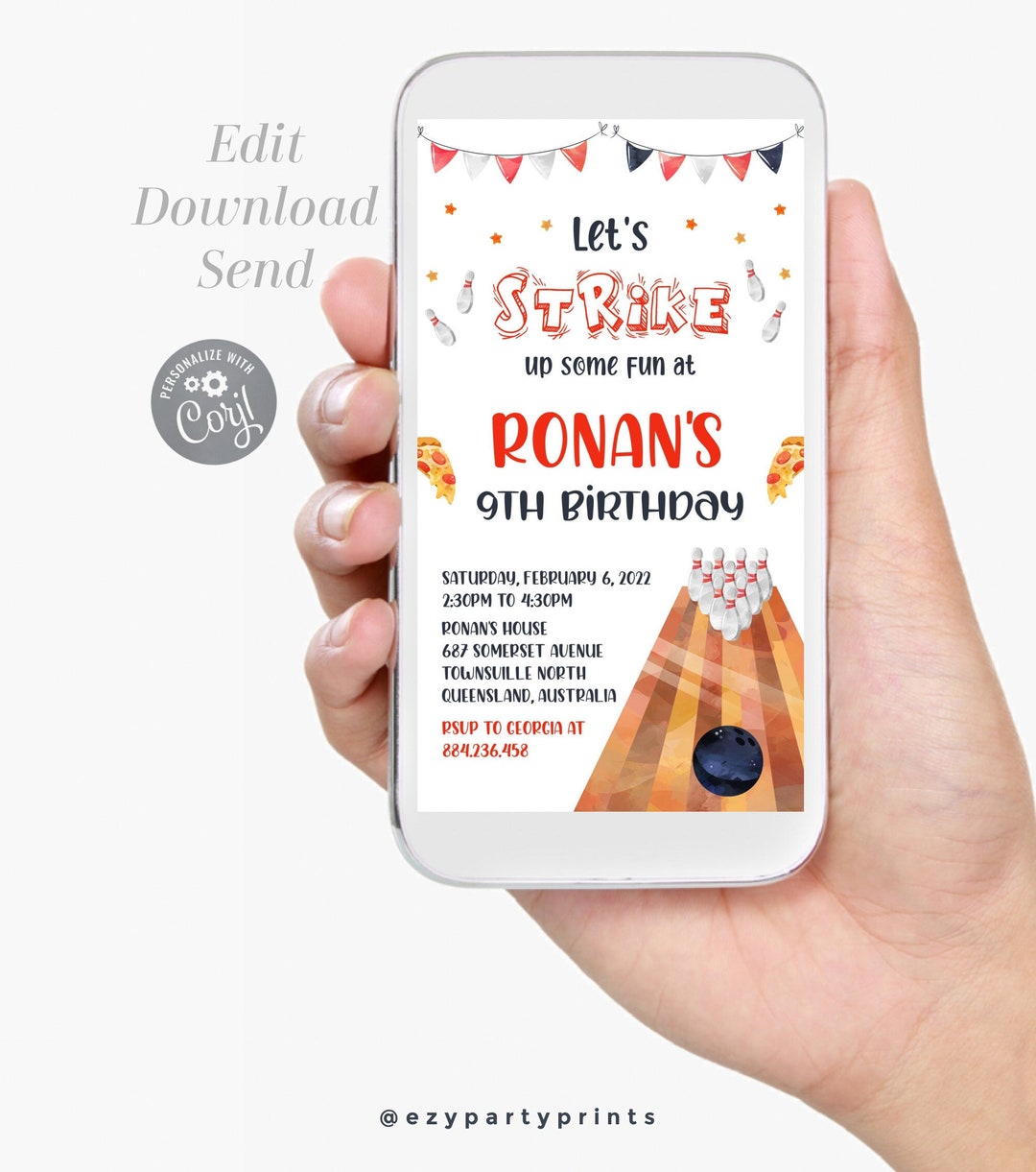 Bowling Birthday Digital Invitation Ten Pin Bowling Invitation Mobile ...