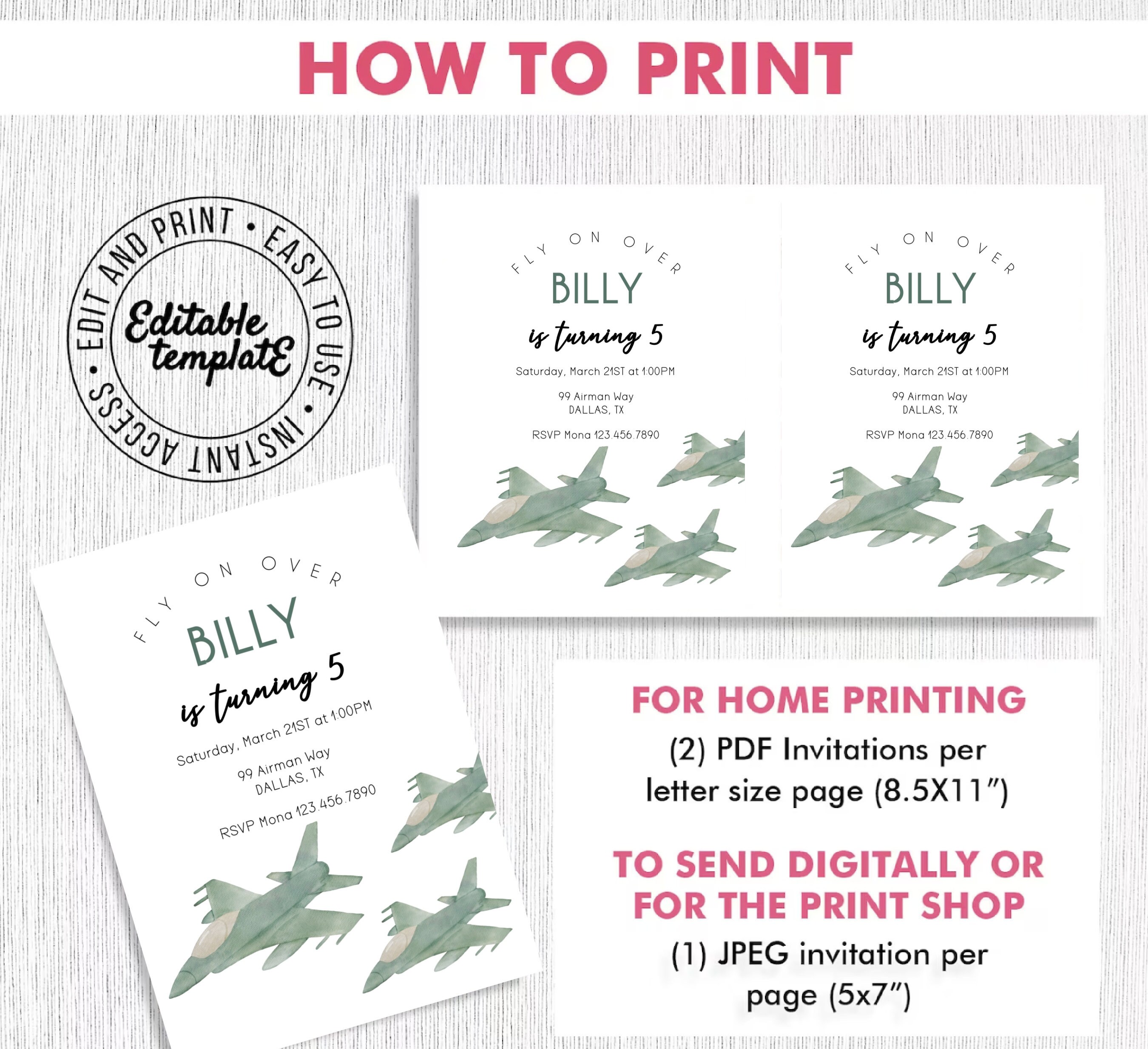 Jet Fighter Invitation Editable Fighter Pilot Birthday Invitation ...