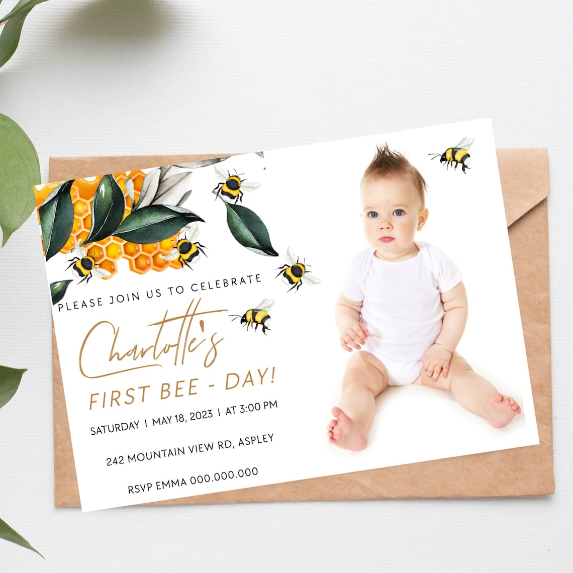 Editable First Bee Birthday Invitation Bee 1st Birthday Photo ...
