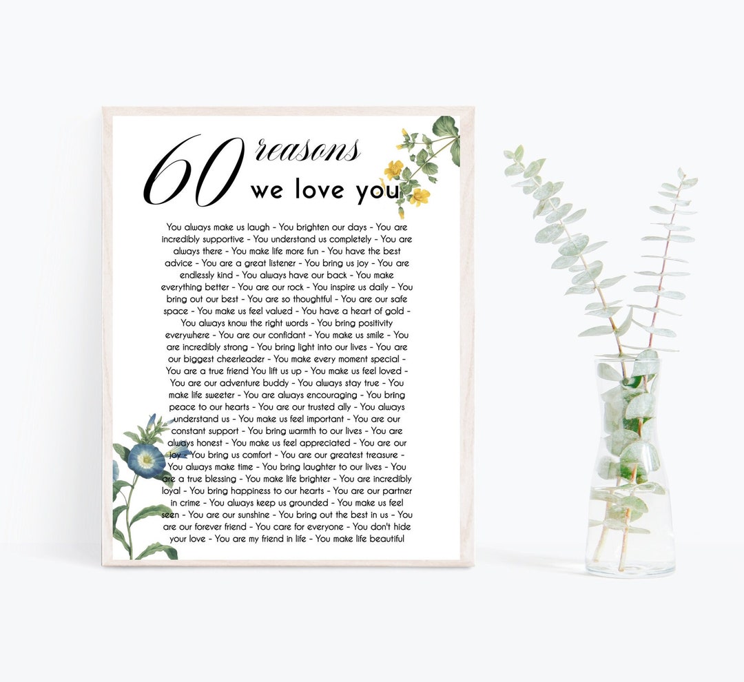60th Gift Idea for Her 60 Reasons Why We Love You Poster Template ...