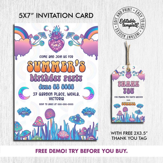Editable Groovy Birthday Invitation + FREE tags, Hippie Birthday ...