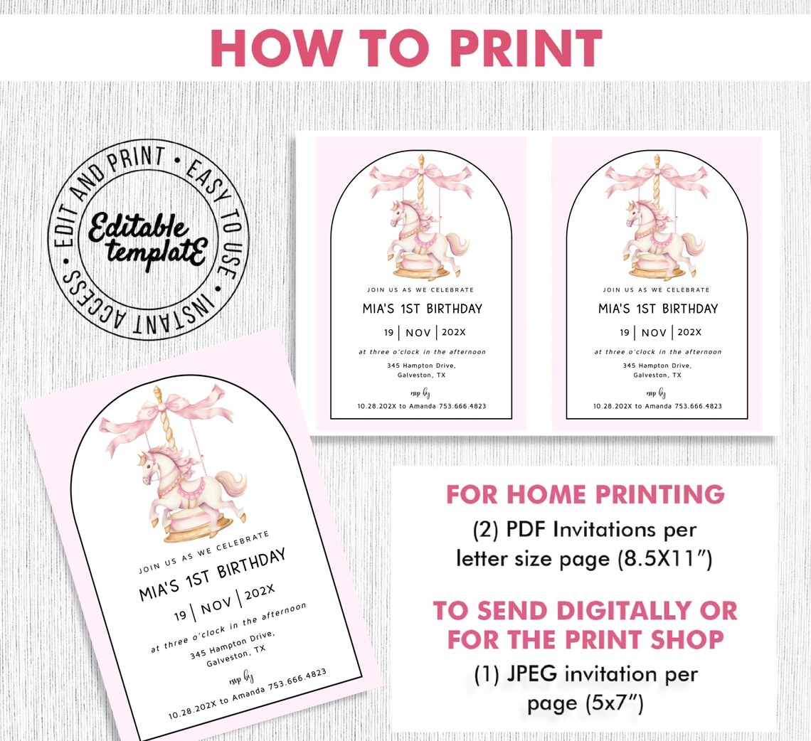 Carousel Invitation Carousel Birthday Invitation Editable Merry Go ...