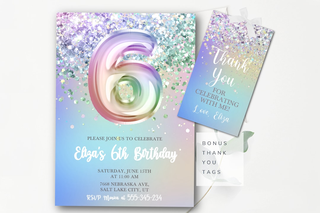 Editable Girls 6th Birthday Invitation Template Rainbow Glitter ...