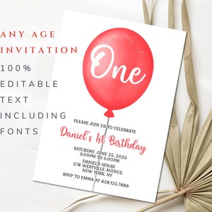Editable Red Birthday Invitation Red Balloon Birthday Invitation Red ...
