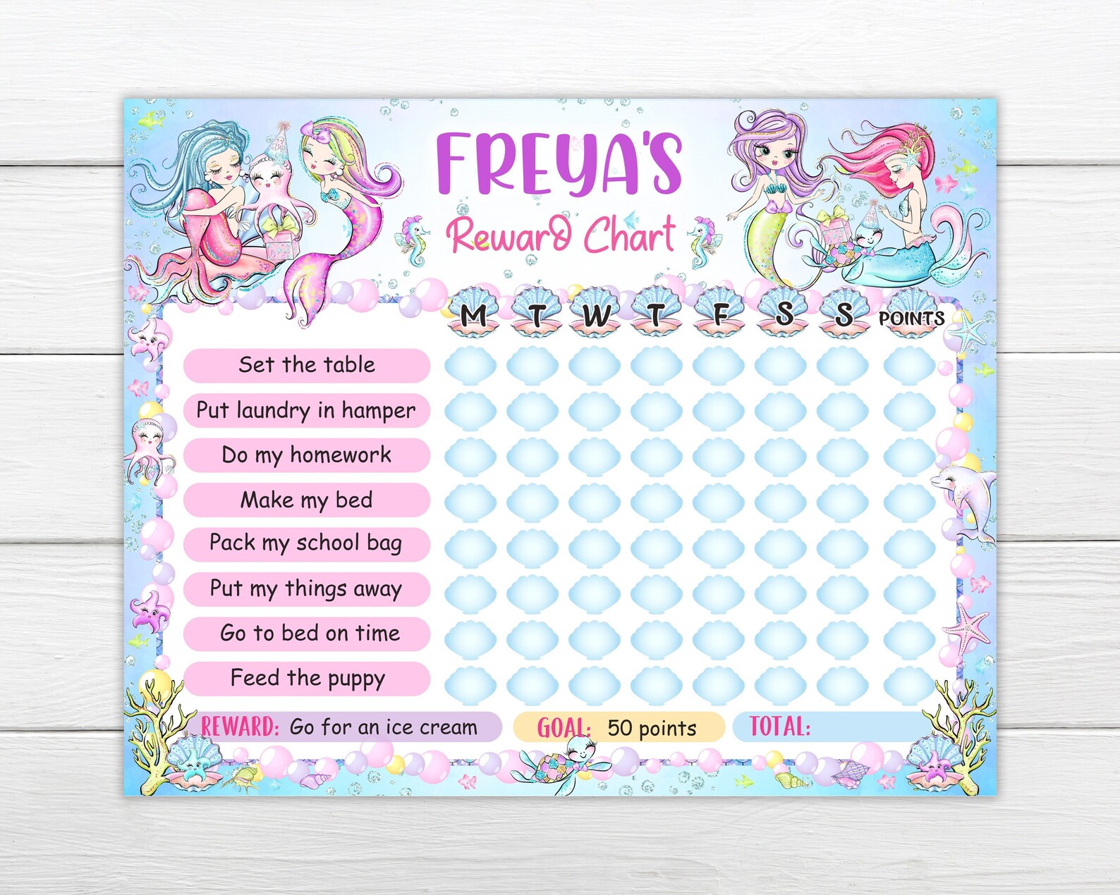 Editable Reward Chart Kids Chore Chart Mermaid Children Editable Reward ...