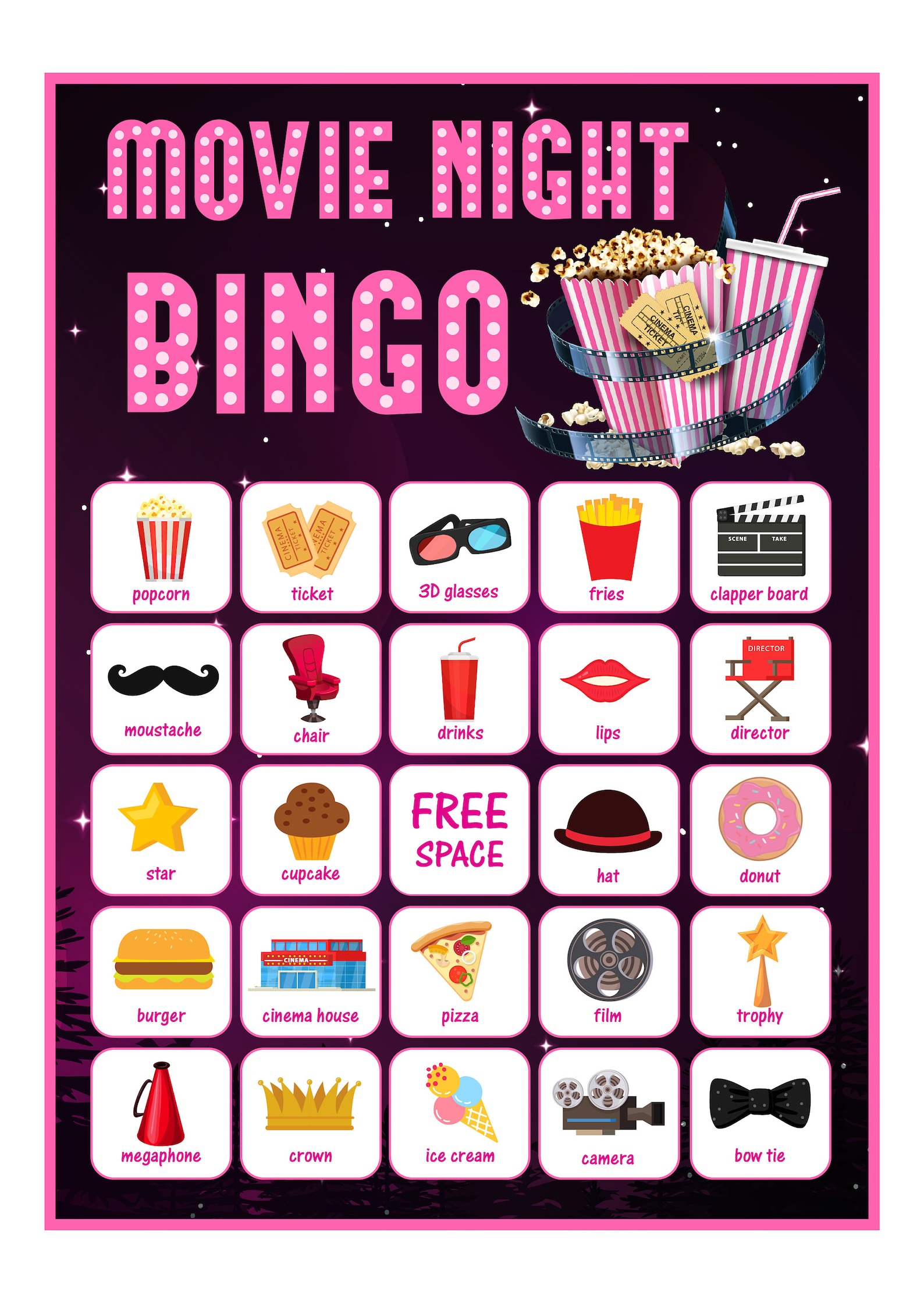Movie Night Games Movie Night Bingo Game Printable Birthday Bingo Game ...