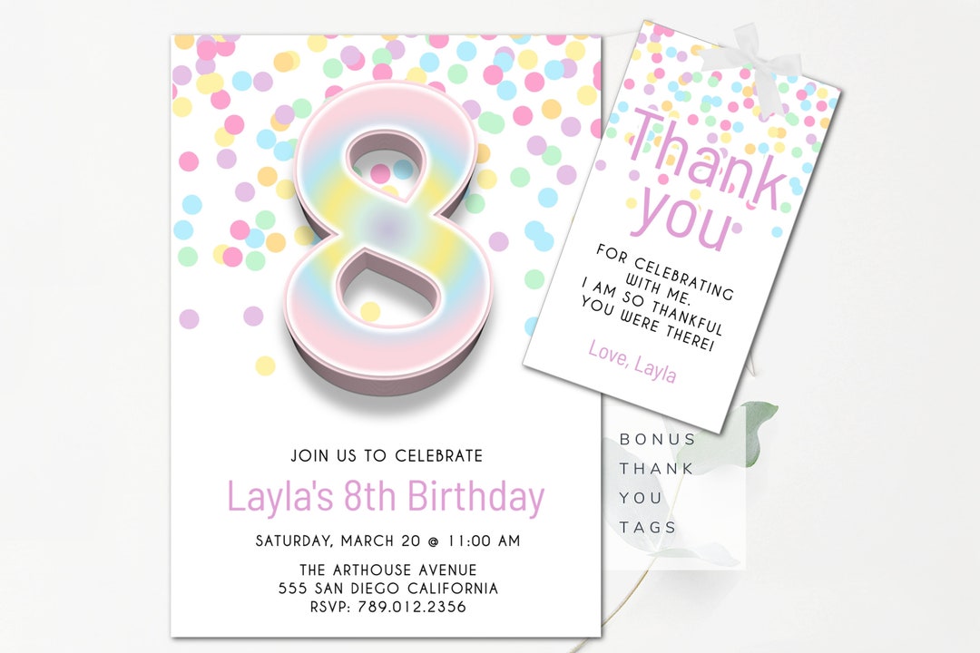 8th Birthday Invitation Editable Girls Eighth Birthday Confetti ...