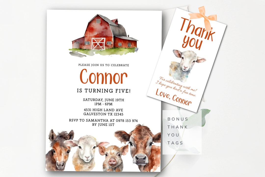 Editable Farm Invitation + Thank You Text Barn Animals Party Invite ...