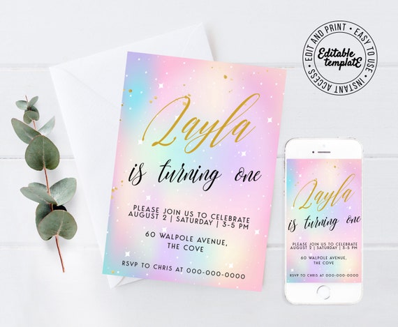 Editable Pastel Invitation, Rainbow Pastel Birthday Invitation ...