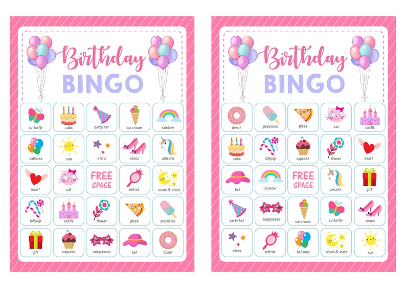 Printable BINGO Game for Girls Birthday Bingo Pink Instant - Etsy