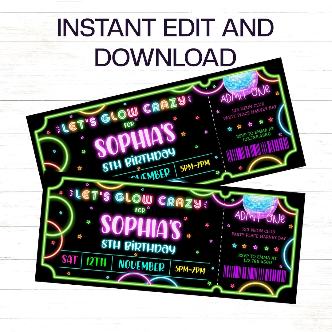 Glow Birthday Invitation Disco Party Birthday Invitation to Edit ...