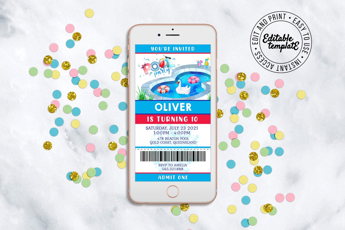 Editable Pool Party Ticket Invitation Pool Party Invitation - Etsy