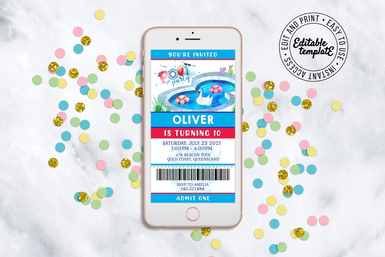 Editable Pool Party Ticket Invitation Pool Party Invitation - Etsy