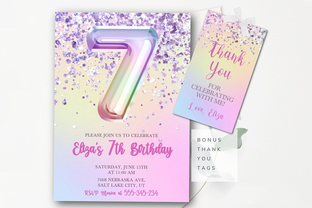 Editable 7th Birthday Invitation Glitter Seventh Birthday Invitation ...