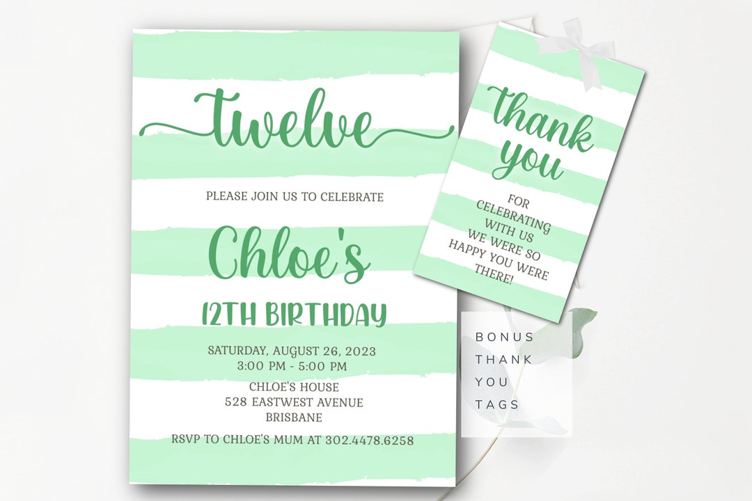 Green Birthday Invitation Green Stripes Birthday Invitation Mint Green ...