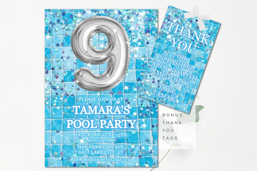 Editable Girls 9th Birthday Pool Party Invitation Template Swimming ...