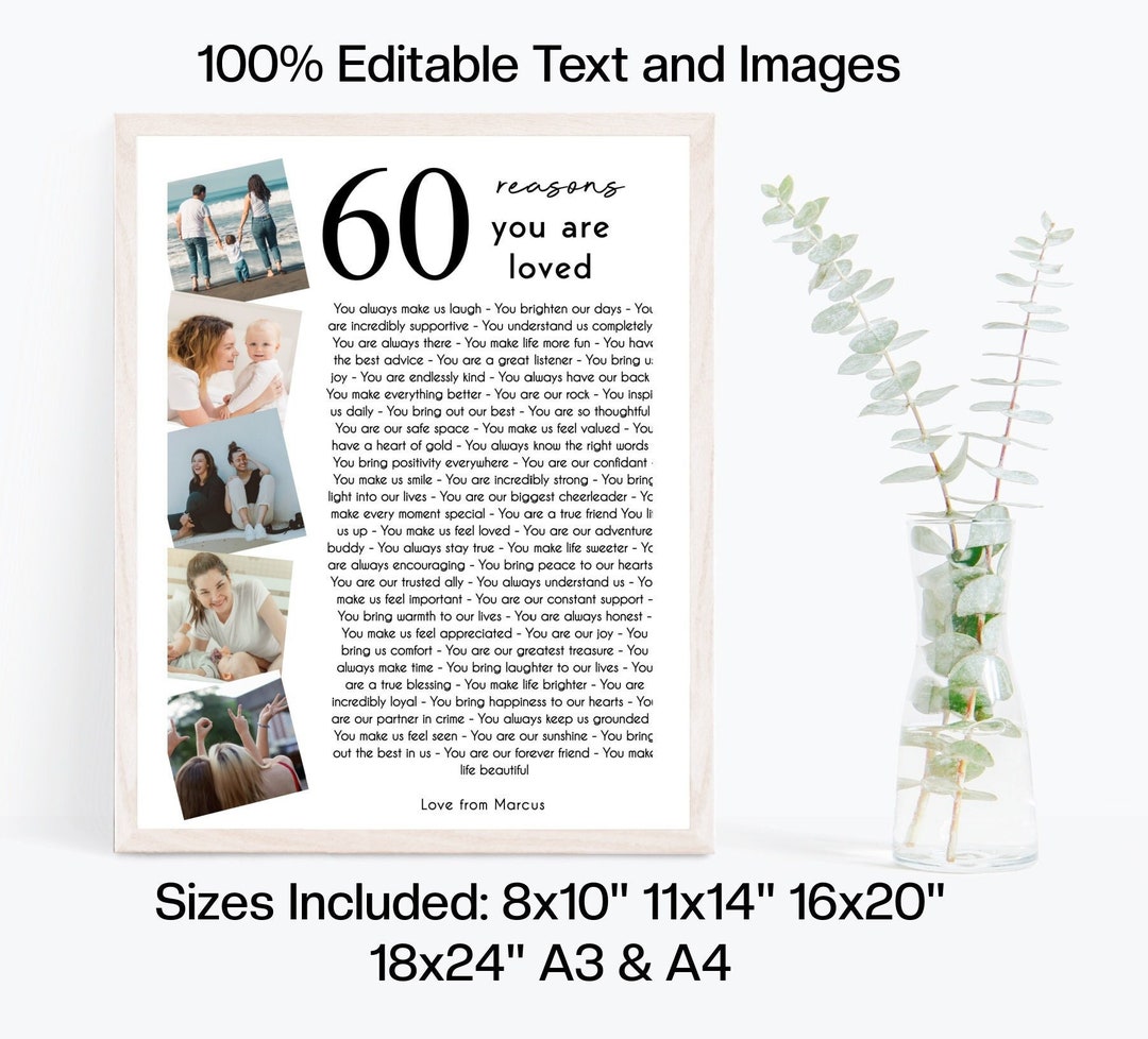 60 Reasons Why We Love You Poster Template Printable 60th Gift for Her ...