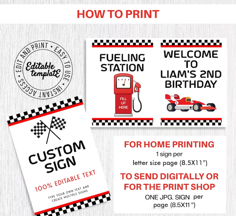 Printable Car Race Party Signs Racing Car Birthday Party Signs X 6 to ...