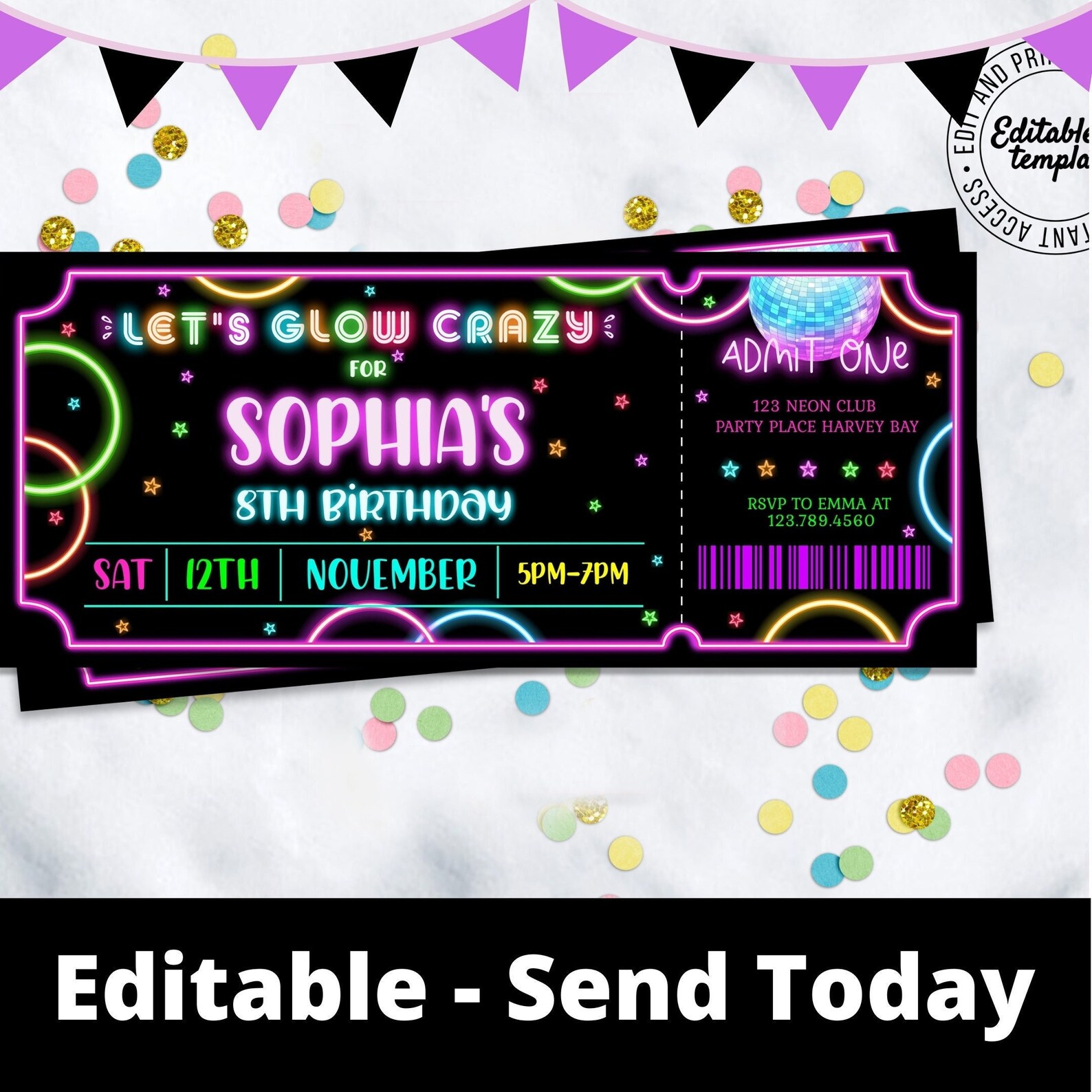 Editable Disco Birthday Party Invitation Glow Birthday - Etsy