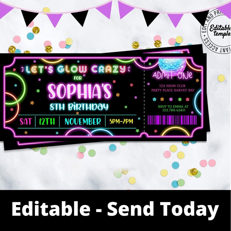 Editable Disco Birthday Party Invitation Glow Birthday Invitation Glow ...