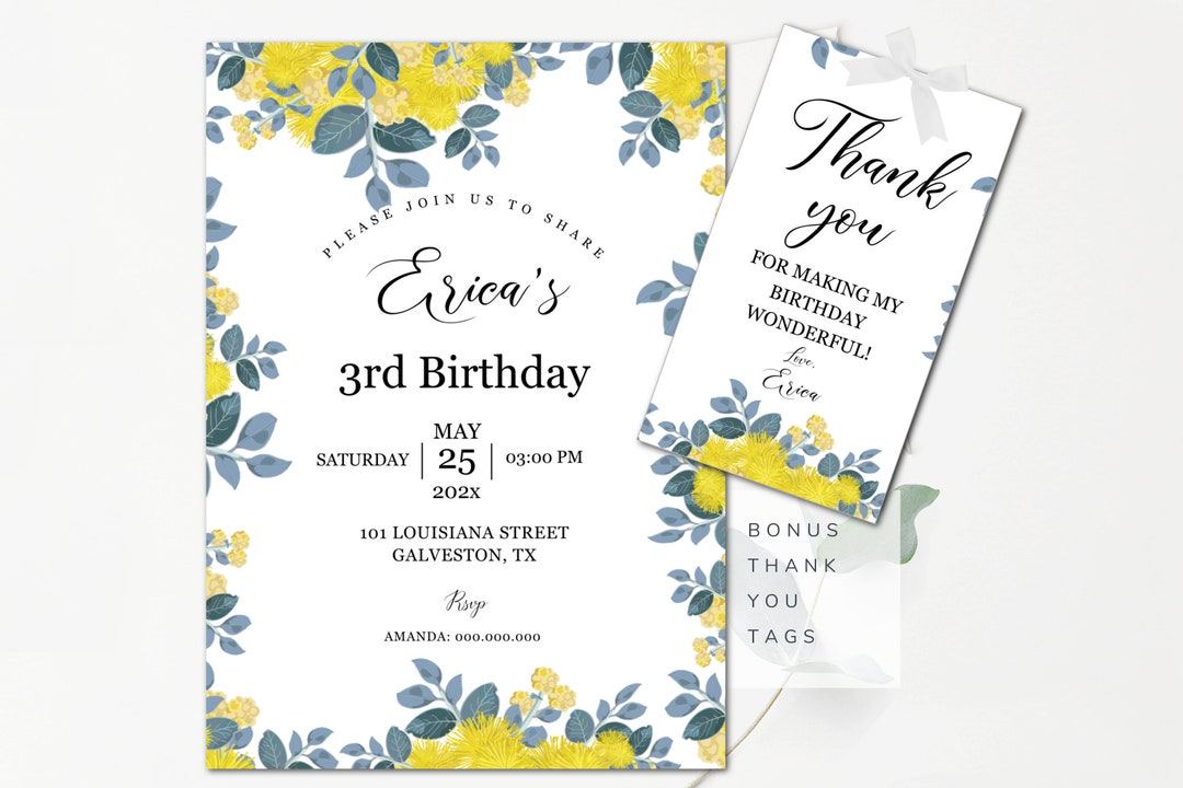 Botanical Birthday Invitation First Birthday Wattle Girl Birthday Party ...