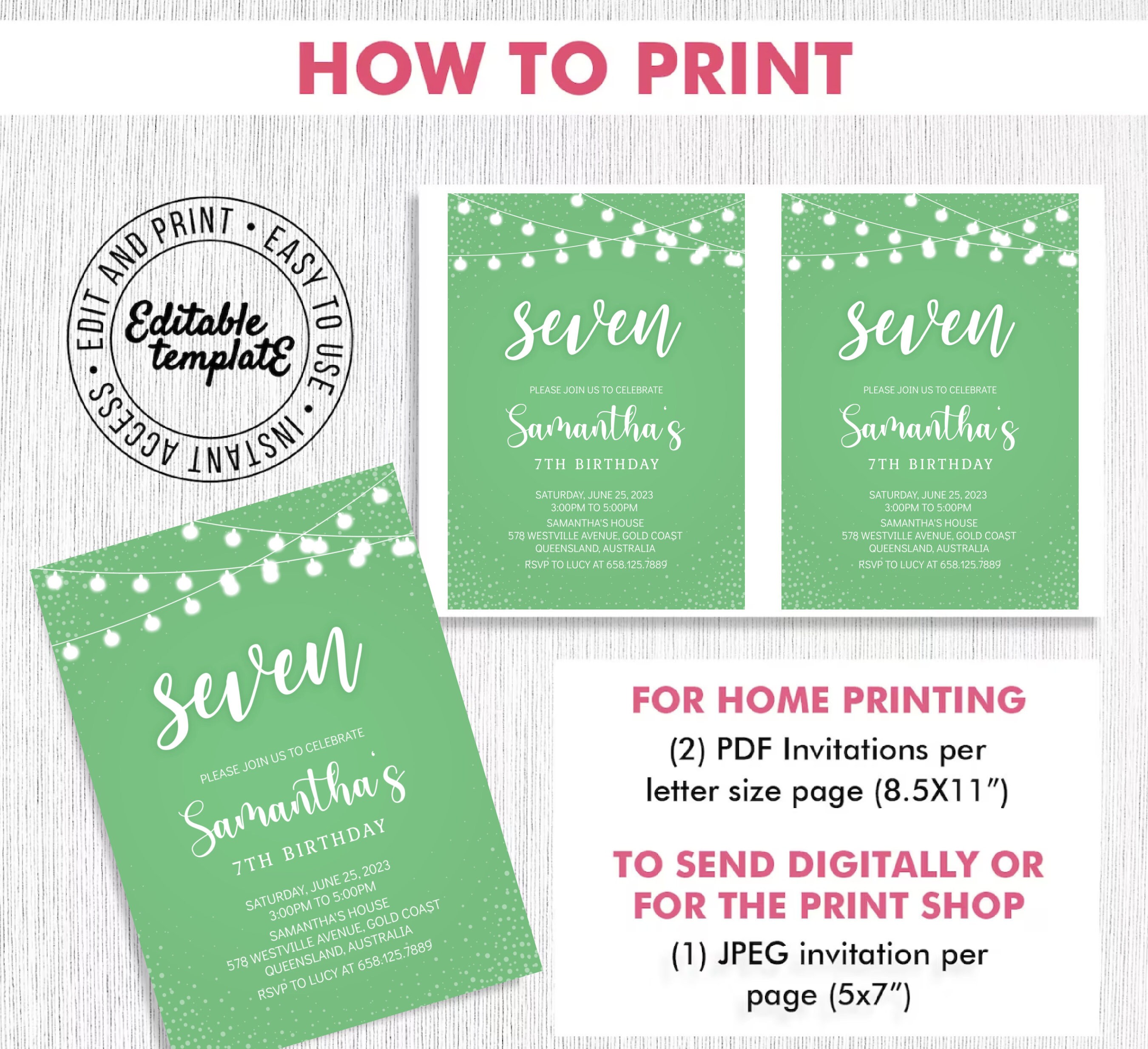 Green Editable Birthday Party Invitation Template String Lights ...