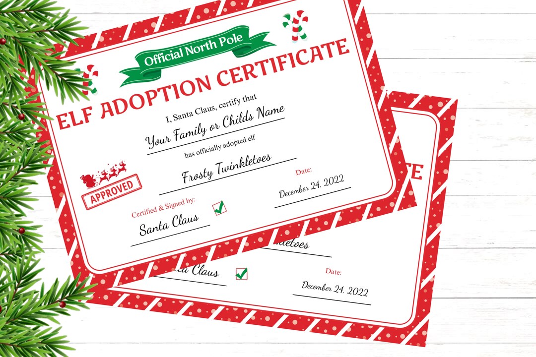 Elf Adoption Certificate Editable Elf Adoption Certificate Christmas ...