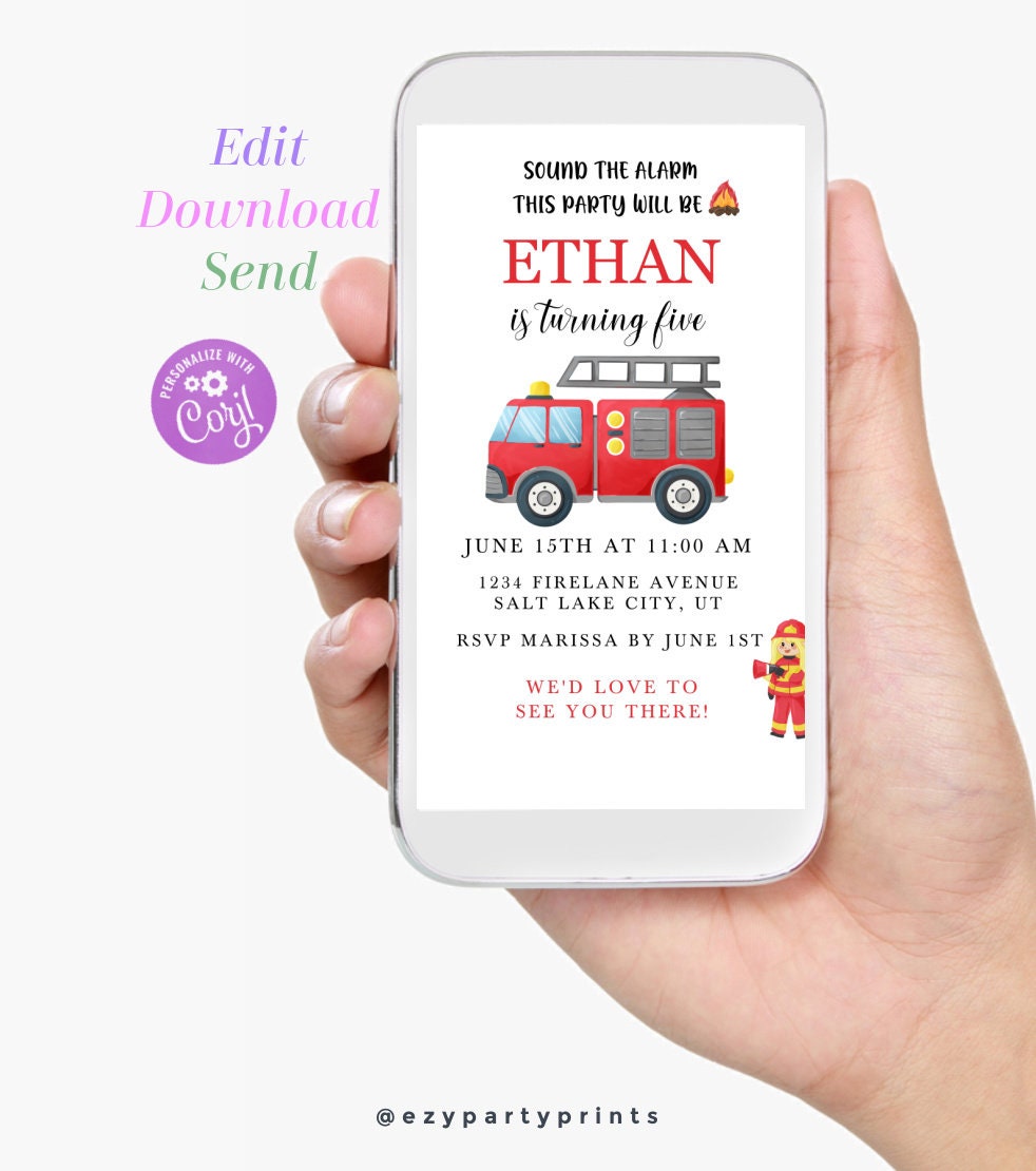 Editable Fire Truck Birthday Invitation, Editable Fireman Invitation ...