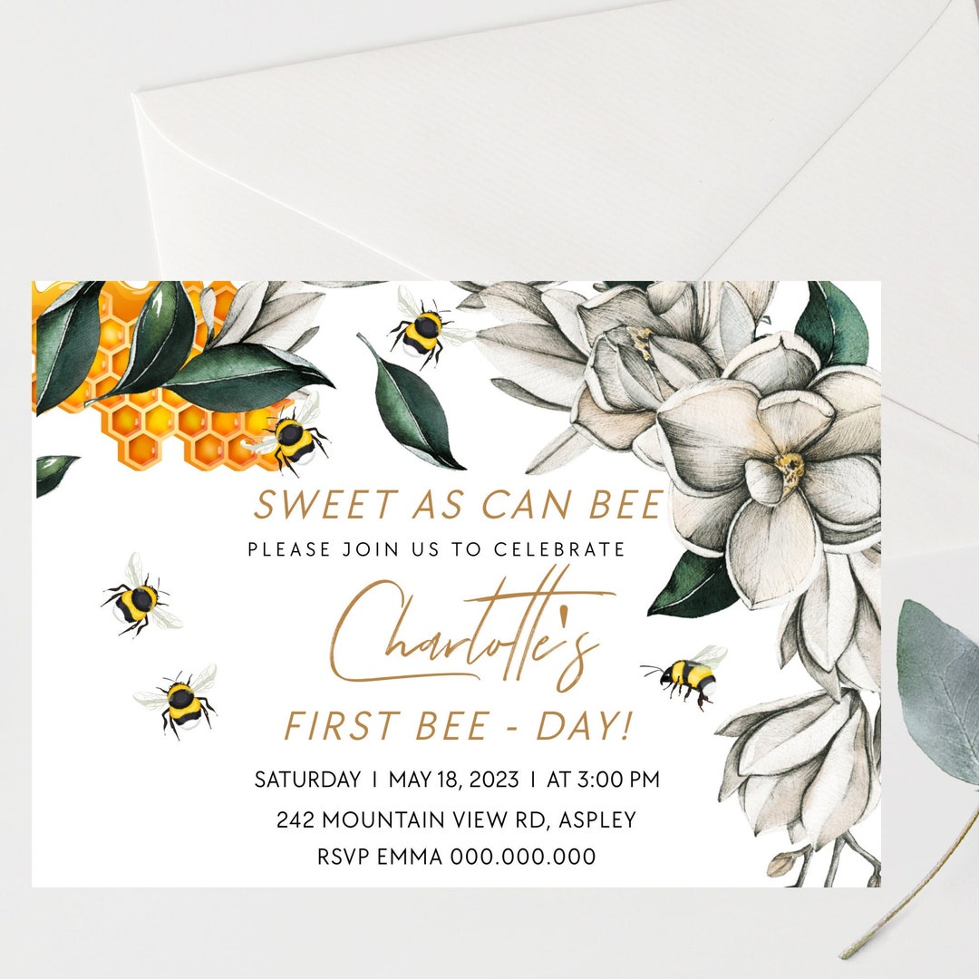 Editable First Bee Birthday Invitation Bee 1st Birthday Invitation ...