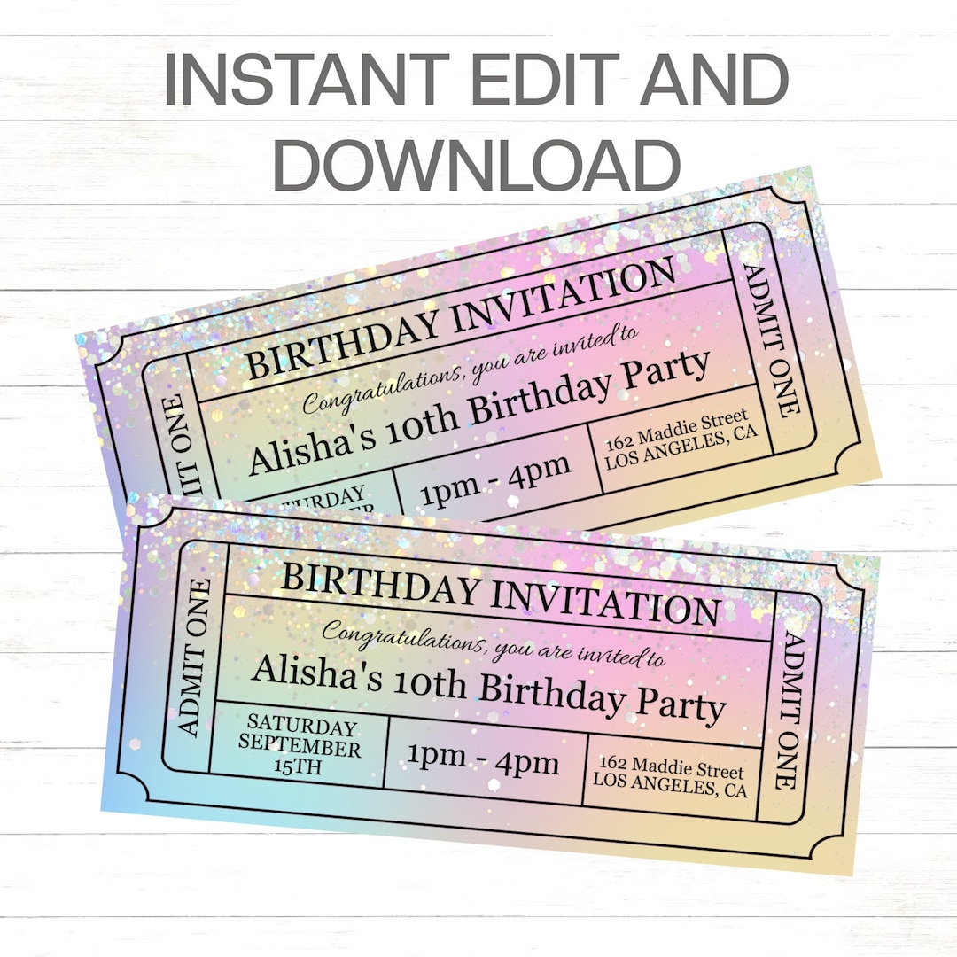 Rainbow Birthday Invitation Rainbow Ticket Invitation Template Birthday ...