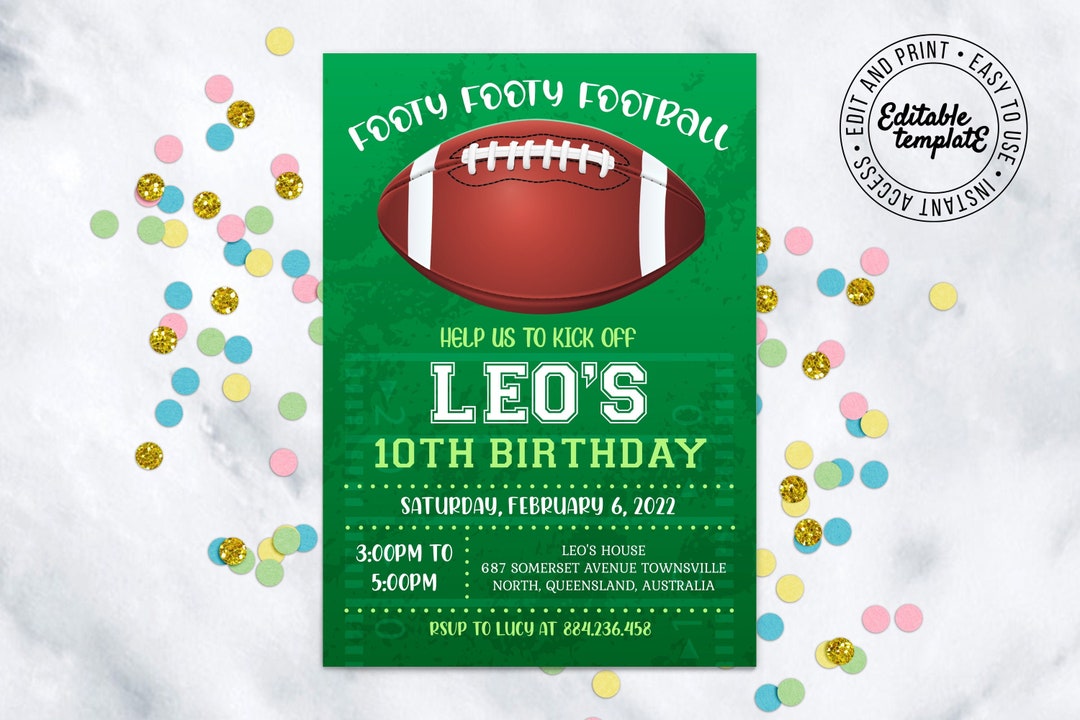 Footy Birthday Party Invitation Template, Football Birthday Invitation ...