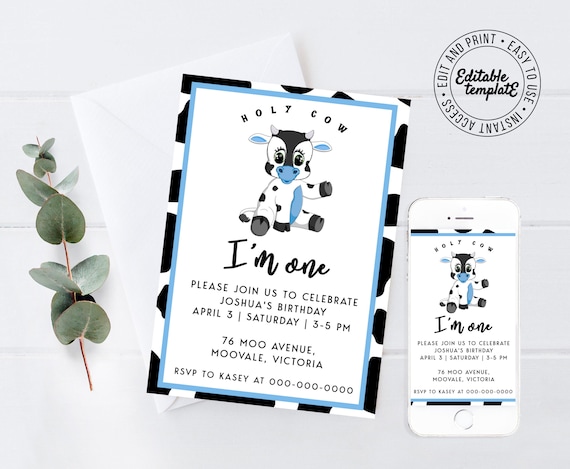 Cow invitation + FREE tags Holy Cow Birthday Invitation, Cow print ...