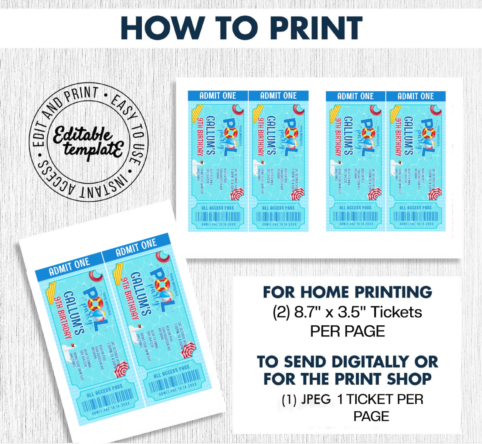 Pool Party Ticket Invitation Pool Party Birthday Invitation Editable ...