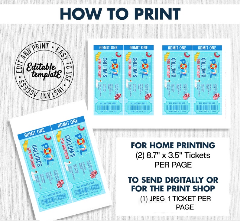 Pool Party Ticket Invitation Pool Party Birthday Invitation Editable ...