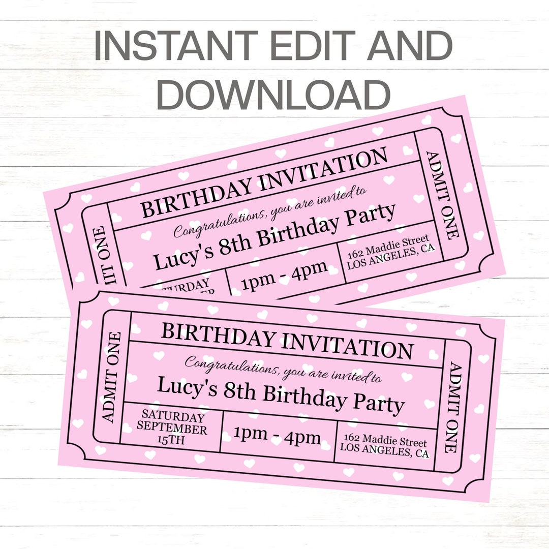Ticket Birthday Invitation Editable Ticket Invitation Hearts Template ...