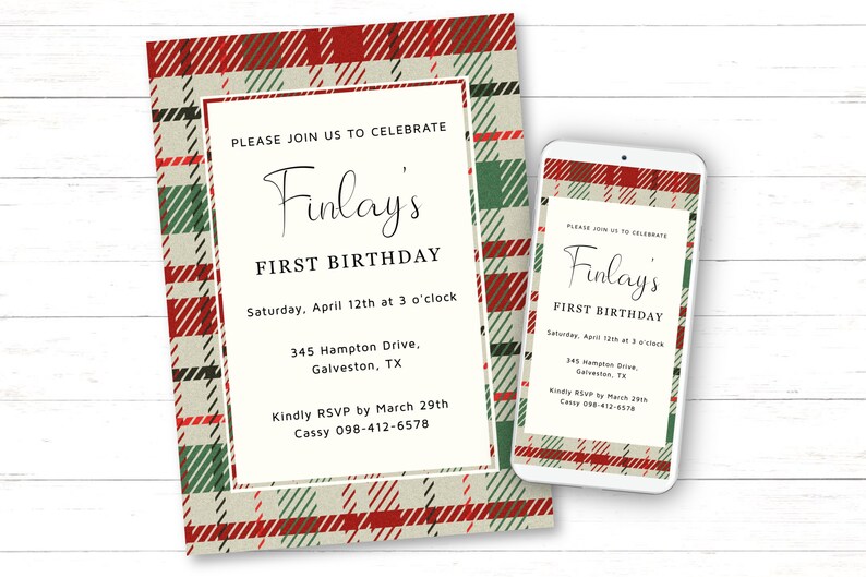 Plaid Birthday Invitation Red and Green Plaid Invitation Editable Check ...