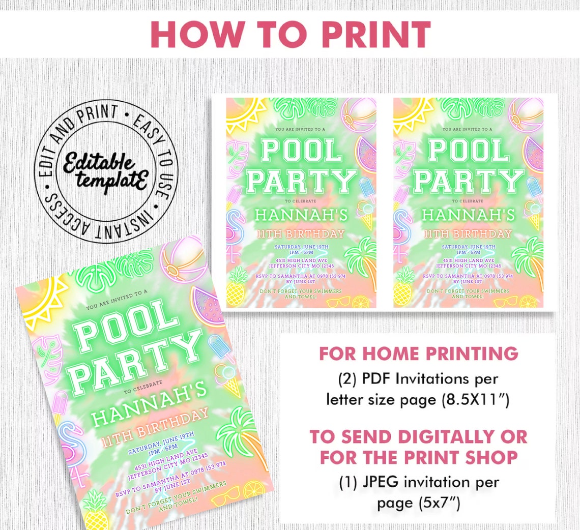 Pool Party Invitation Pool Party Birthday Invitation Editable Pool ...