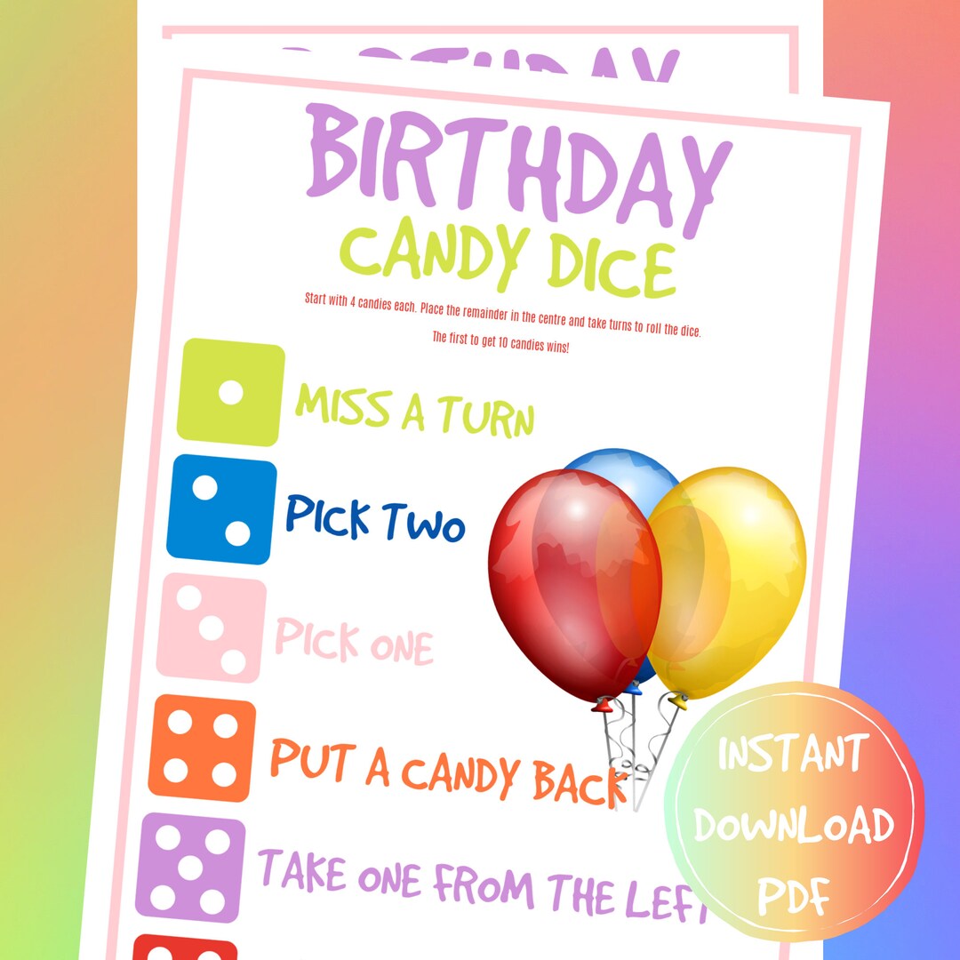Birthday Party Game Instant Print Candy Dice Game Instant Download ...