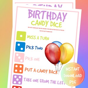 Birthday Party Game Instant Print Candy Dice Game Instant Download ...