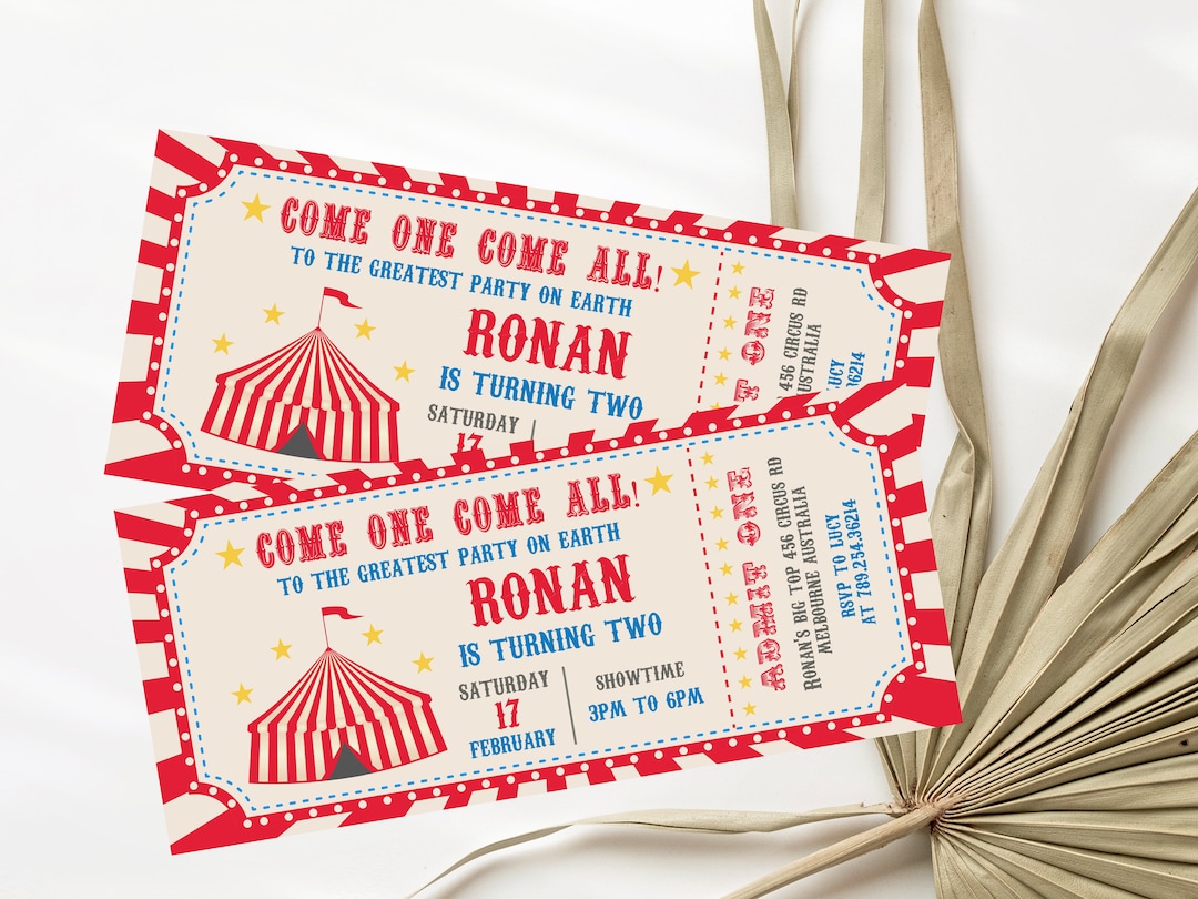 Editable Circus Birthday Ticket Invitation Template Red Carnival ...