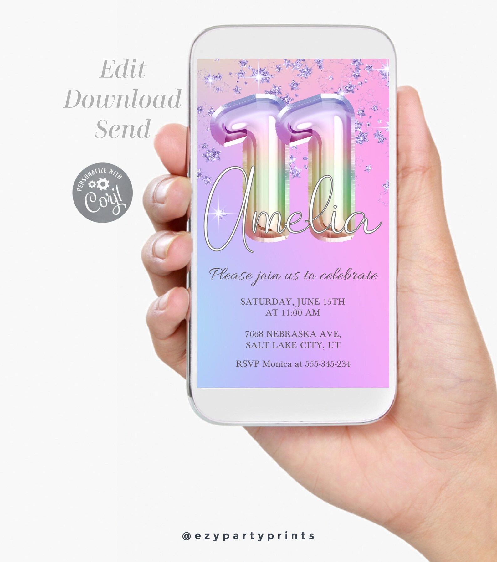 Girls 11th Birthday Invitation Editable Glitter Birthday Invitation ...
