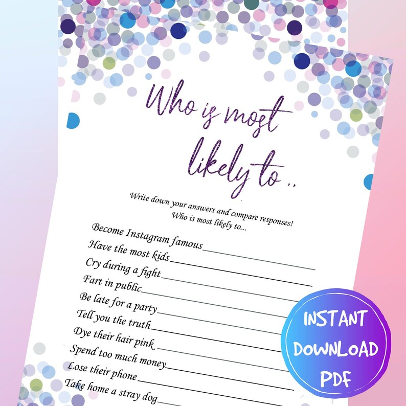 Printable Party Games, Who is Most Likely To, Instant Print Games, Teen ...
