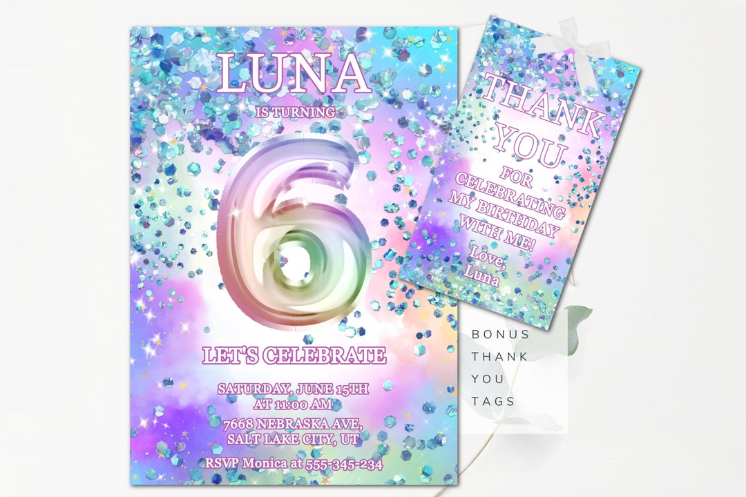 6th Birthday Invitation Rainbow Glitter Sixth Birthday Invitation ...