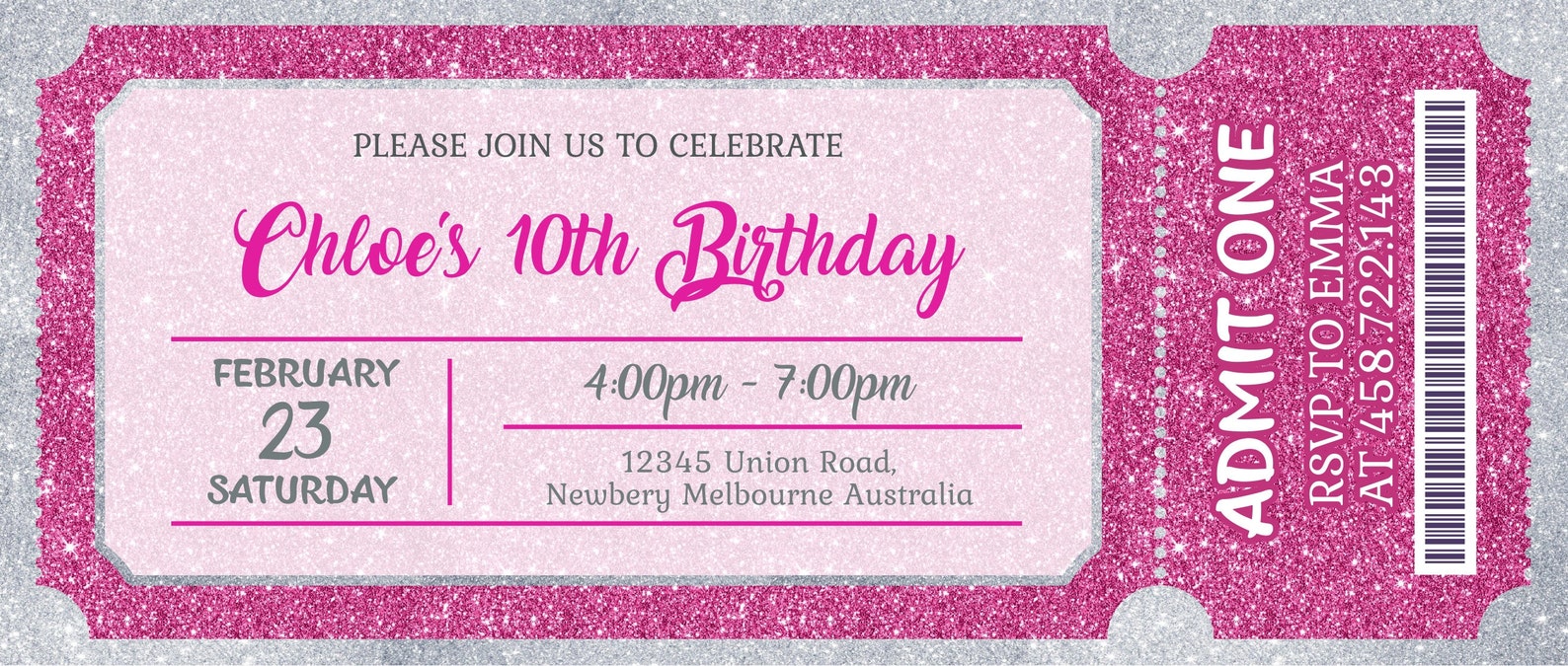 GIRLS birthday invitation Ticket Pink Glitter Birthday | Etsy