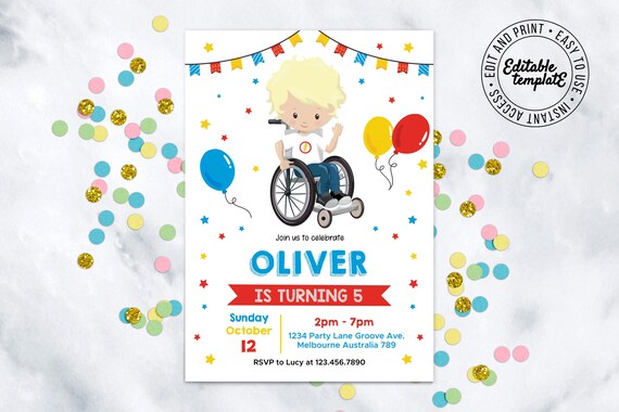 Editable Wheelchair birthday invitation, disabled party Invitation you ...