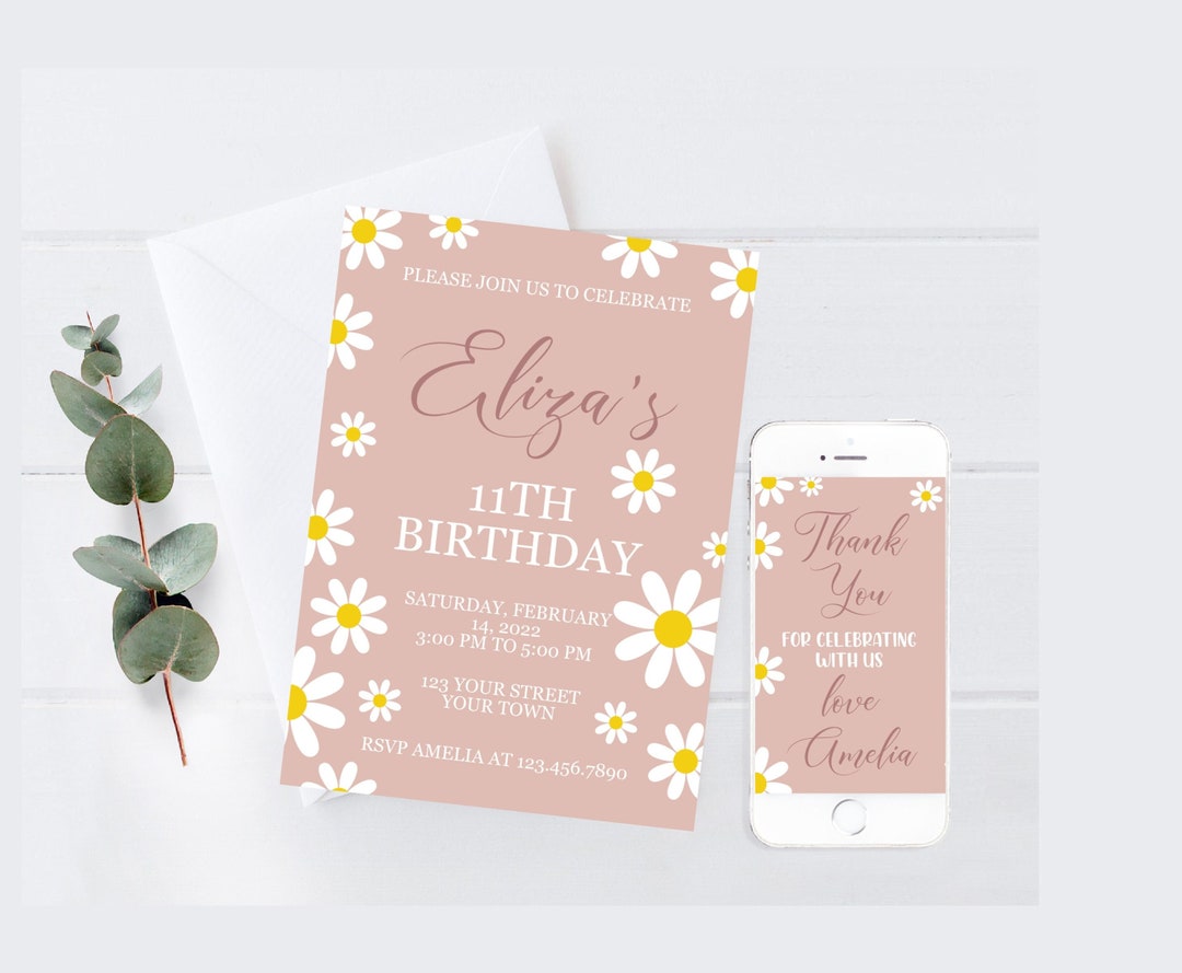 Daisy Invitation Pink Editable Boho Daisy Birthday Invite Editable ...